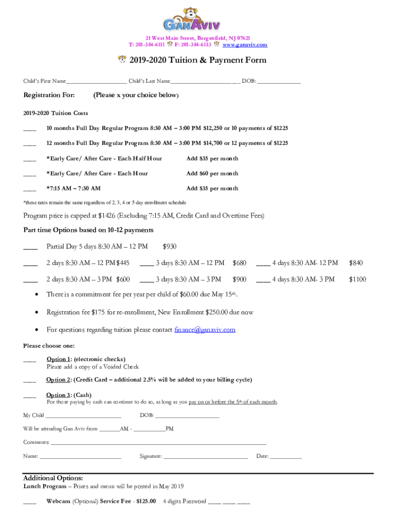 Fillable Online 2019-2020 Tuition & Payment Form - Gan Aviv Fax Email Print - pdfFiller