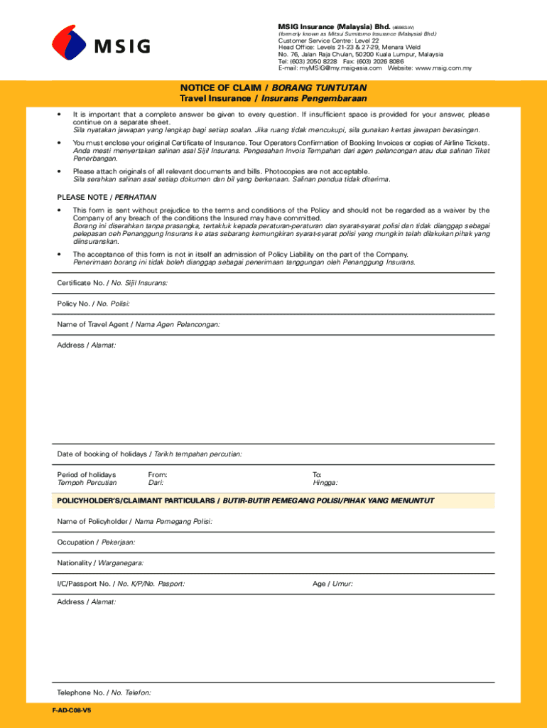 Fillable Online NOTICE OF CLAIM / BORANG TUNTUTAN Travel Insurance ...