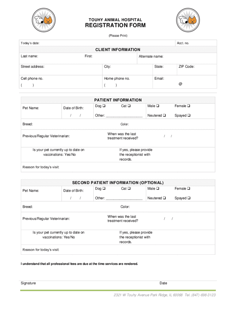Fillable Online Medical office registration form. Touhy Animal Hospital ...