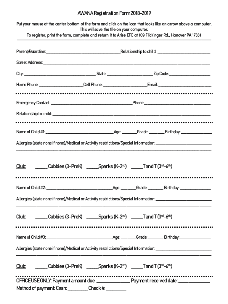 Fillable Online AWANA Registration Form 2018-2019 Fax Email Print ...