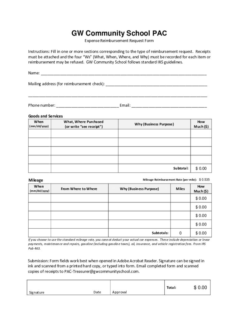 Fillable Online GWCS Expense Reimbursement Form Fax Email Print - pdfFiller