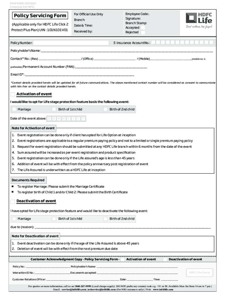 Fillable Online 018825019Policy-Servicing-form-Life-stage ... - HDFC ...