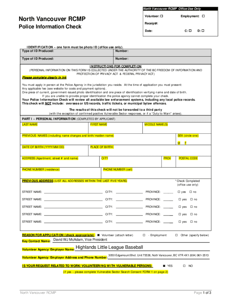 Fillable Online POLICE INFORMATION CHECK/CRIMINAL RECORD CHECK REQUEST ...