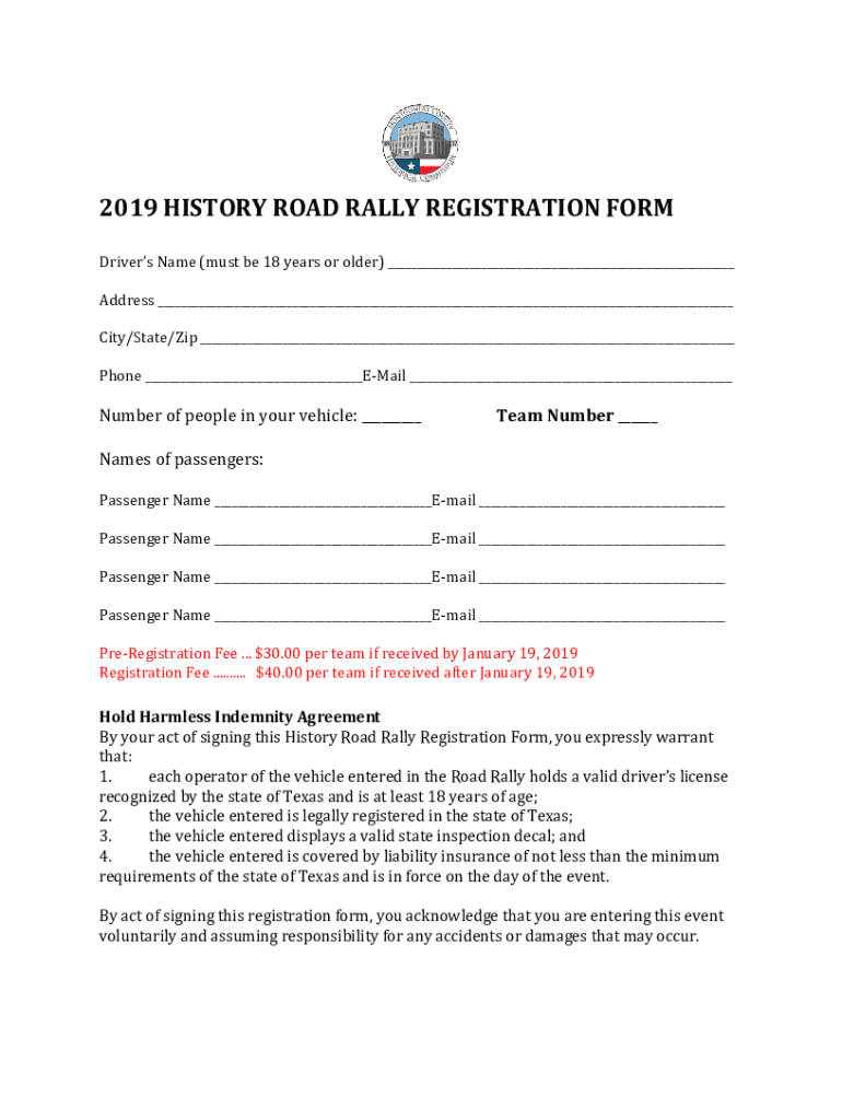 Fillable Online 2019 ROAD RALLY REGISTRATION AND INDEMNITY FORM ewh 12 ...