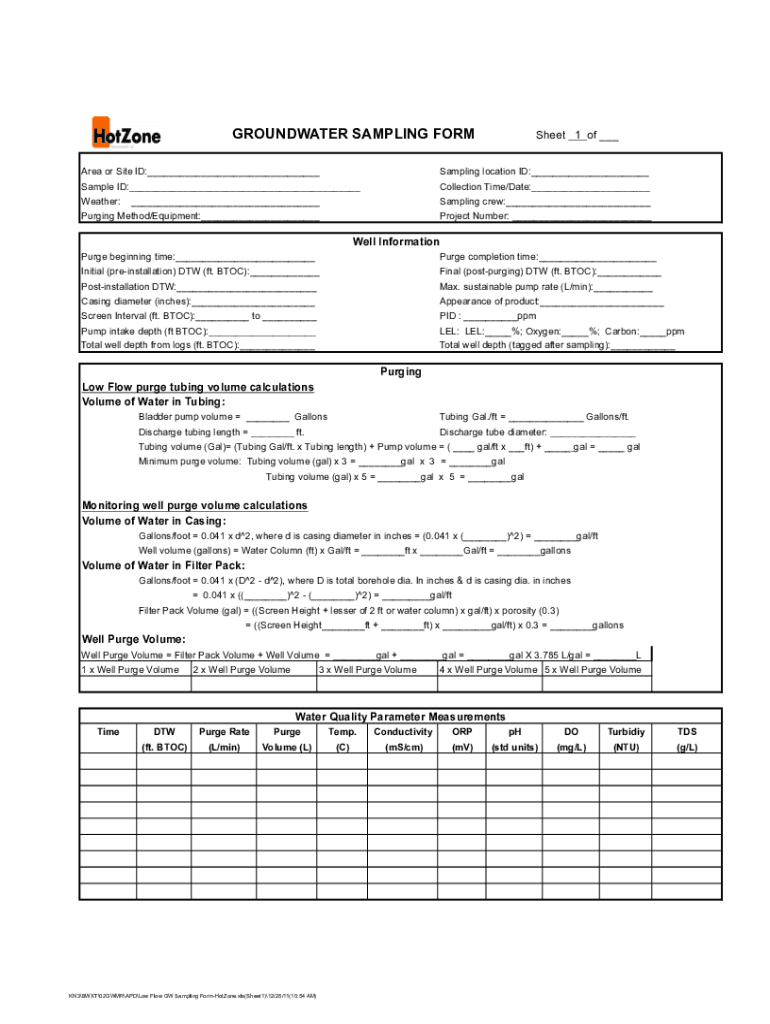 Fillable Online PDF Groundwater Sampling Field Data Sheet - Anderson ...