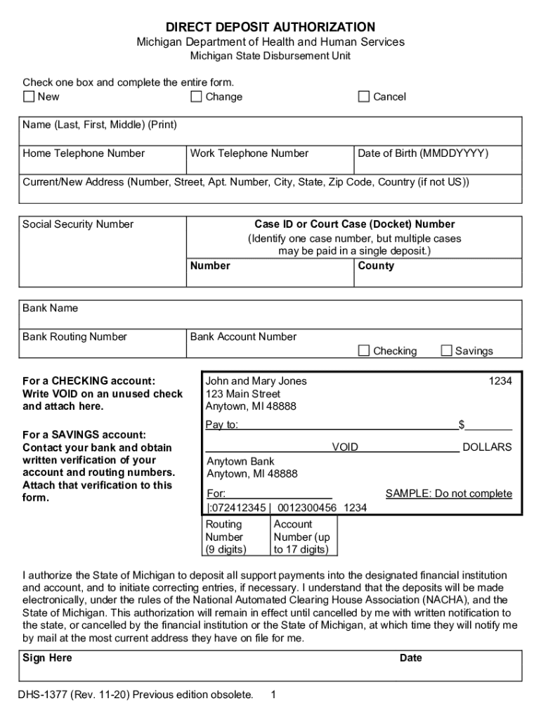 Fillable Online DIRECT DEPOSIT AUTHORIZATION FORM Michigan State ...