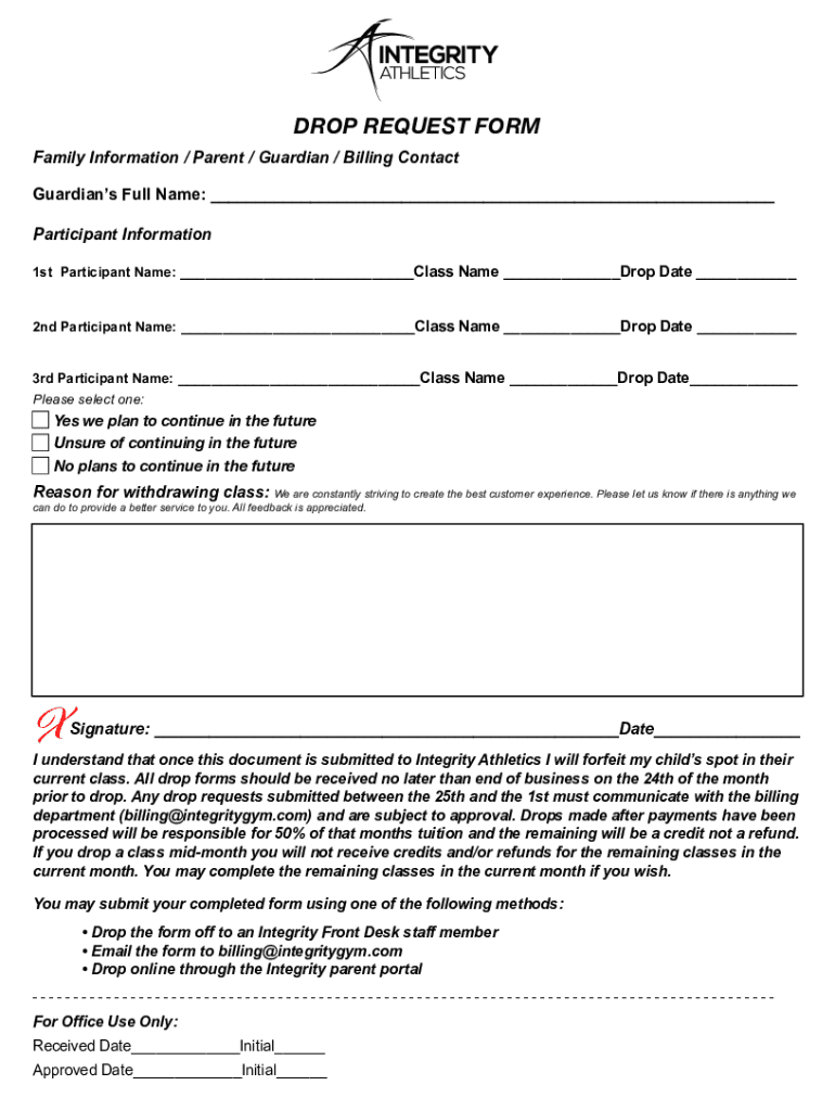 Fillable Online DROP REQUEST FORM - Integrity Gymnastics Fax Email ...
