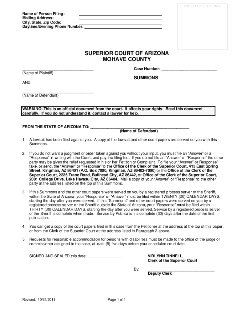 Fillable Online Summons - SUPERIOR COURT OF ARIZONA MOHAVE ... Fax ...