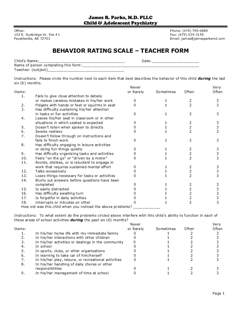 Fillable Online Dr. P BEHAVIOR RATING SCALETEACHER FORM Fax Email Print ...