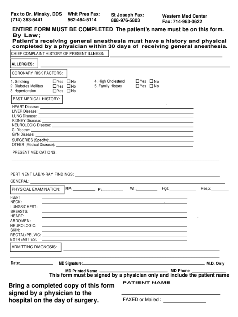 Fillable Online H and P form Fax Email Print - pdfFiller