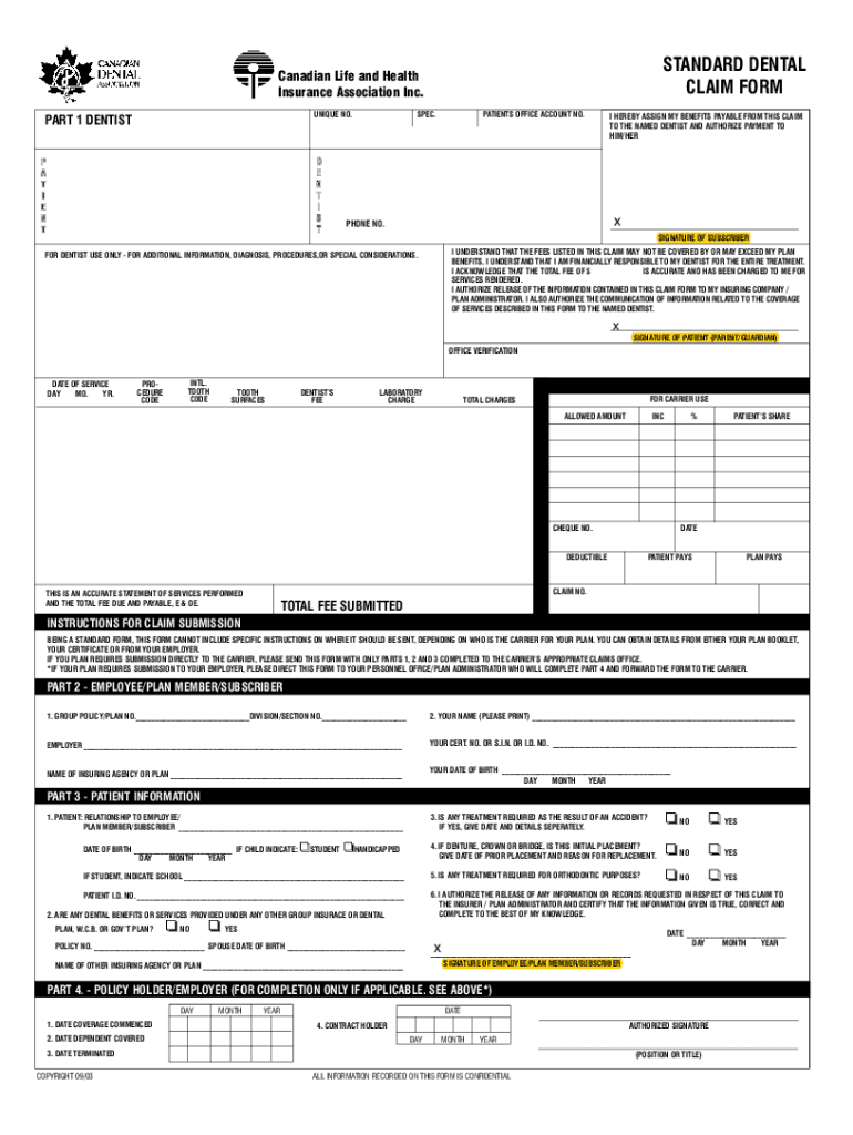 Fillable Online CDA Standard Dental Claim Forms - Canadian Dental ...
