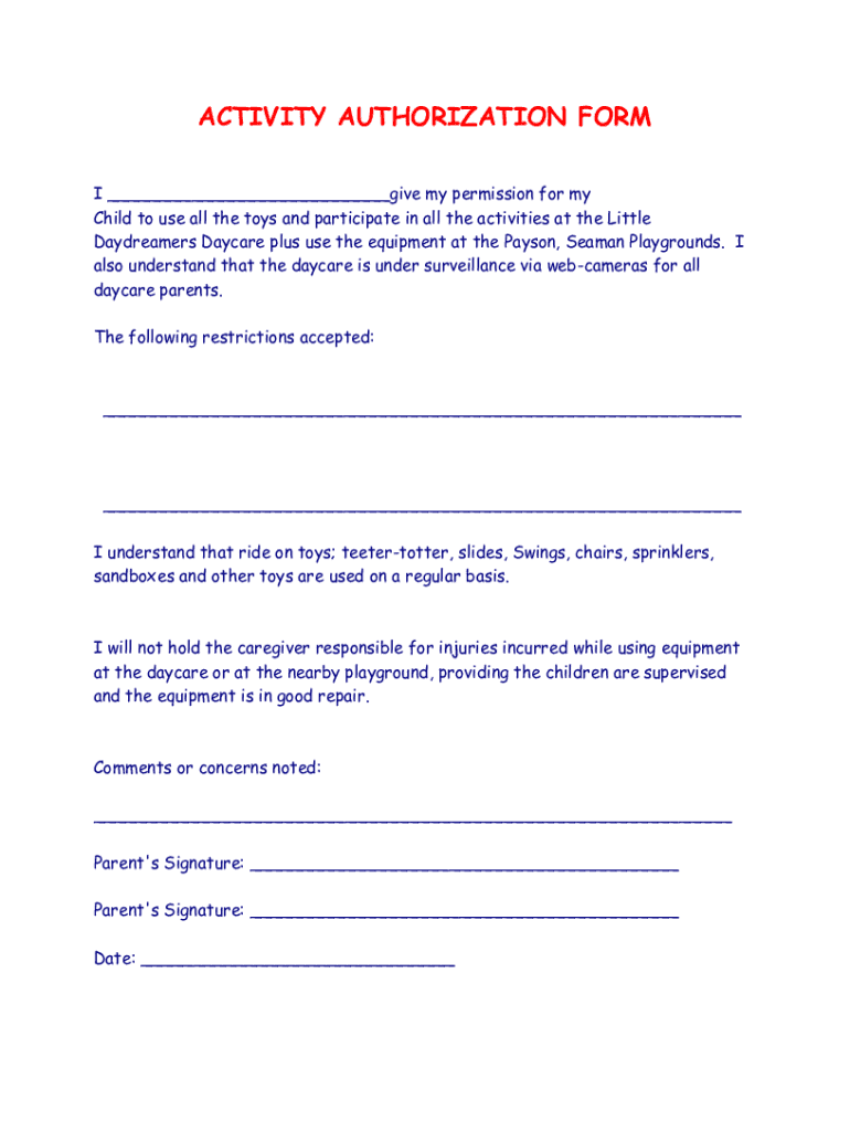 Fillable Online ACTIVITY AUTHORIZATION FORM - The Daycare Lady Fax ...