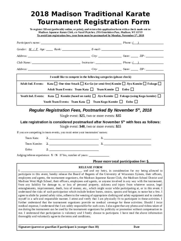 Fillable Online 2018 Madison Traditional Karate Tournament Registration ...