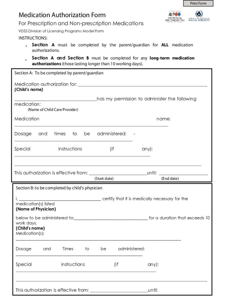 Fillable Online Fillable Online Medication Authorization Form - City of ...