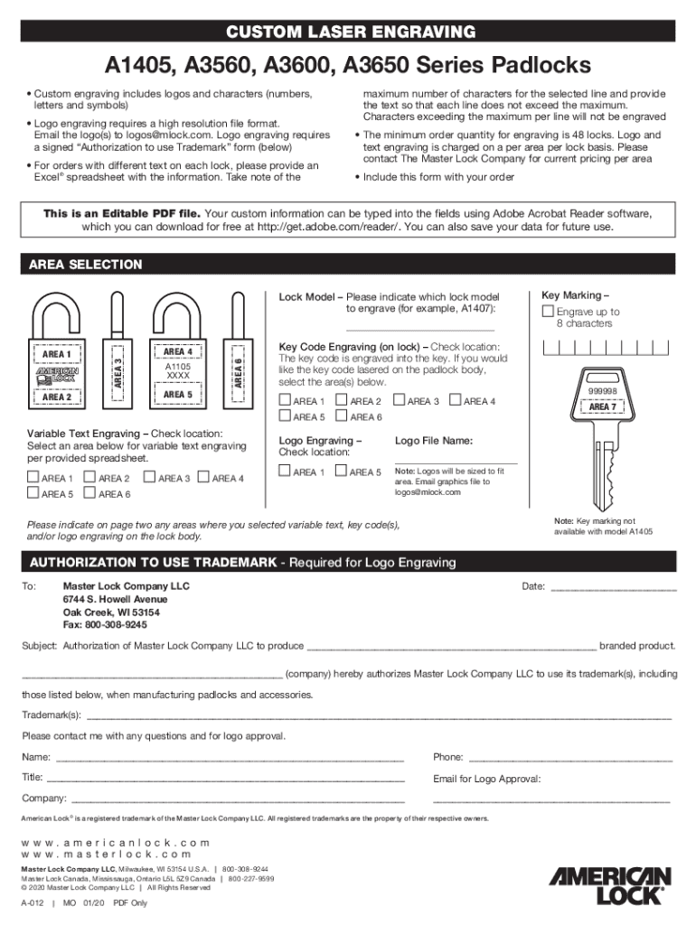 Fillable Online A1405, A3560, A3600, A3650 Series Padlocks. Laser Engraving Form Fax Email Print ...