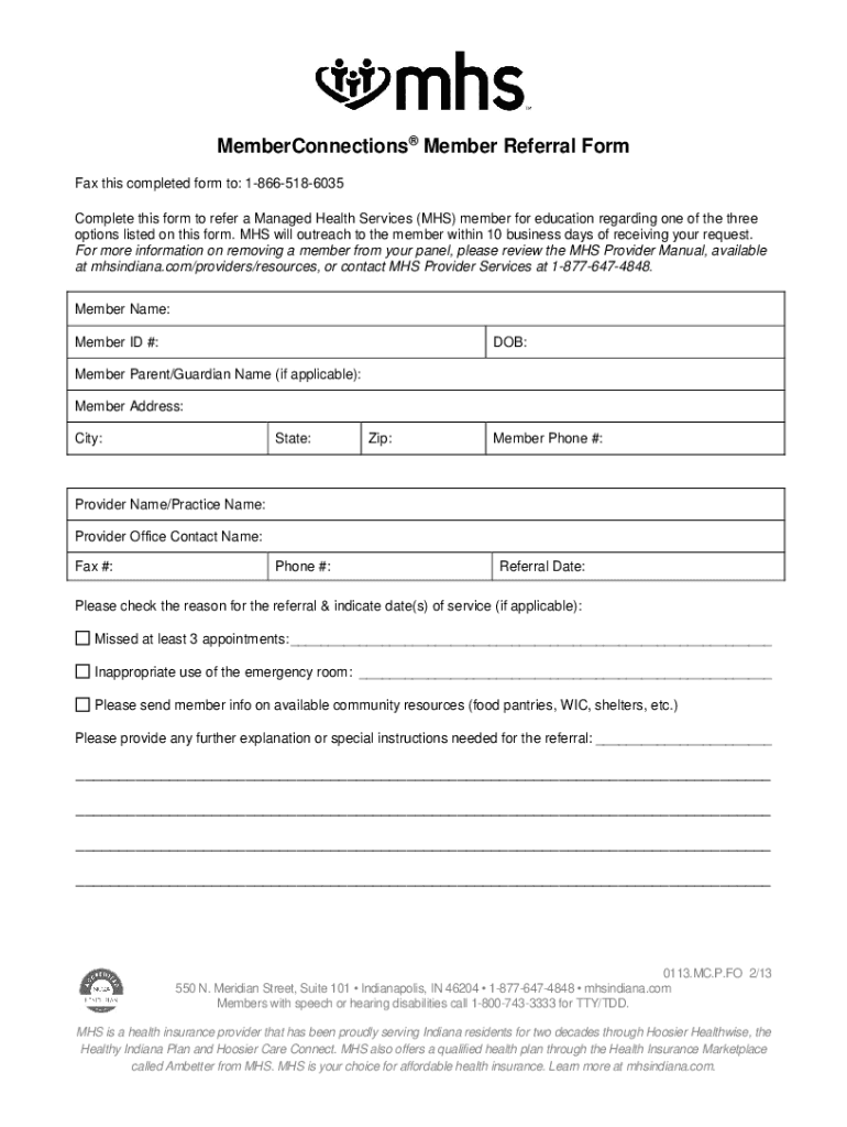 Fillable Online 0113.MC.P.FO MemberConnections Referral Form - MHS ...