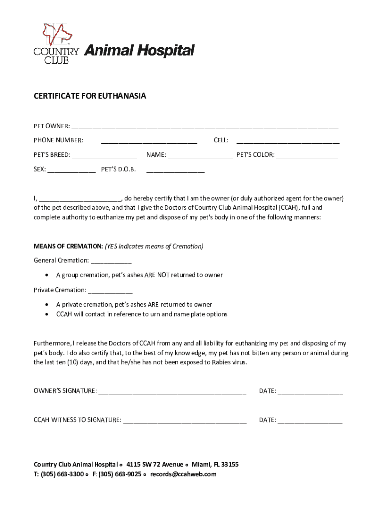 Fillable Online CERTIFICATE FOR EUTHANASIA Fax Email Print - pdfFiller