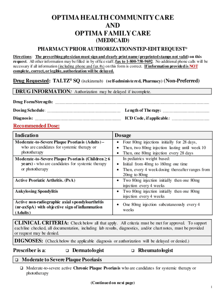 Fillable Online Drug Requested: TALTZ SQ (ixekizumab) (self-administered, Pharmacy) (Non ...
