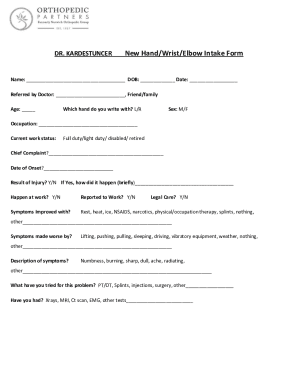 Fillable Online DR. KARDESTUNCER New Hand/Wrist/Elbow Intake Form Fax Email Print - pdfFiller