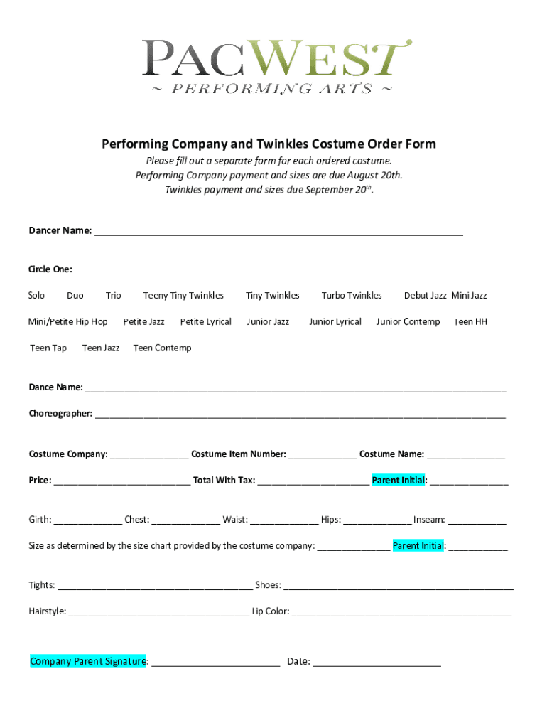 Fillable Online Performing Company and Twinkles Costume Order Form Fax ...