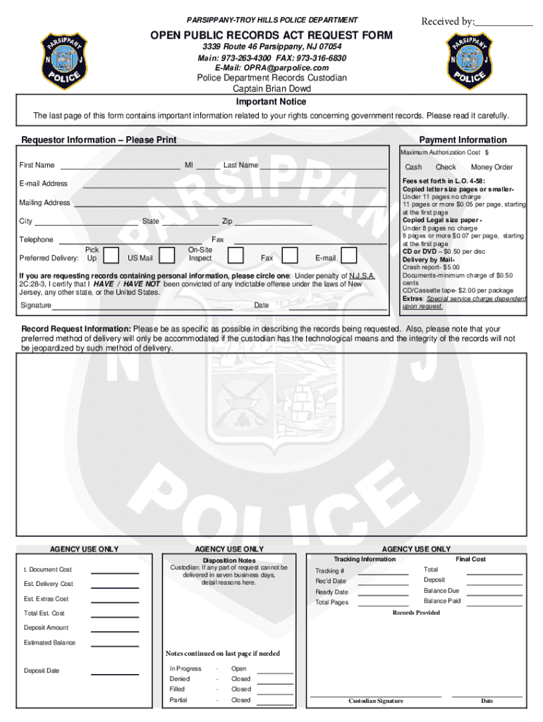 Fillable Online PARSIPPANY-TROY HILLS POLICE DEPARTMENT Received by ...