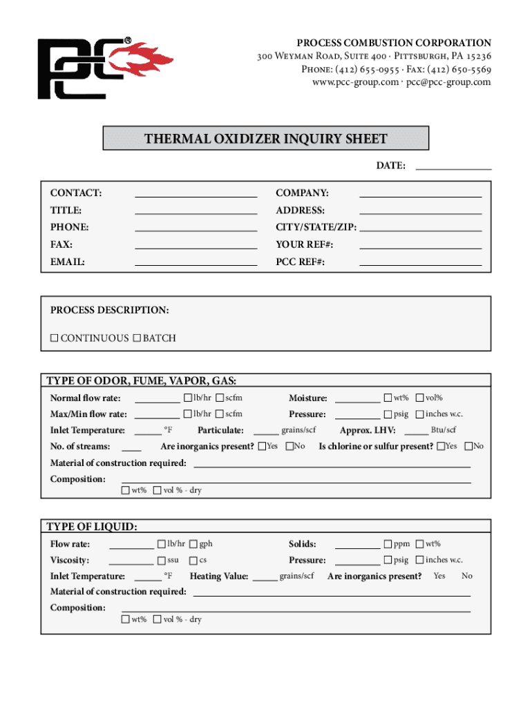 Fillable Online THERMAL OXIDIZER INQUIRY SHEET - PCC Home Fax Email ...