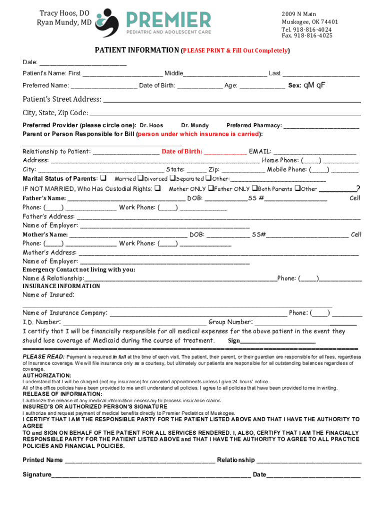 Fillable Online Premier Pediatric Patient Information sheet (New).docx ...