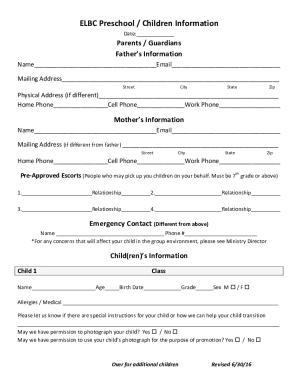 Fillable Online ELBC Preschool Children Information Checkpoint Fax ...