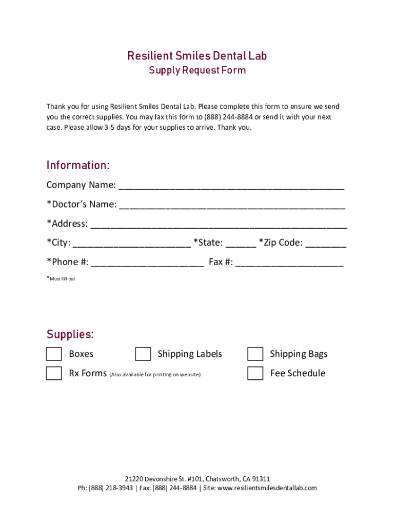 Fillable Online Resilient Smiles Dental Lab Fax Email Print - pdfFiller