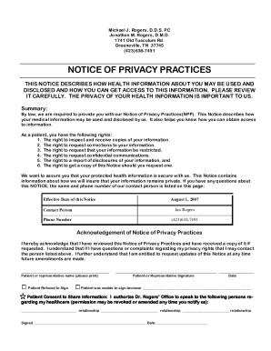 Fillable Online NOTICE OF PRIVACY PRACTICES - Rogers Family Dental Fax ...