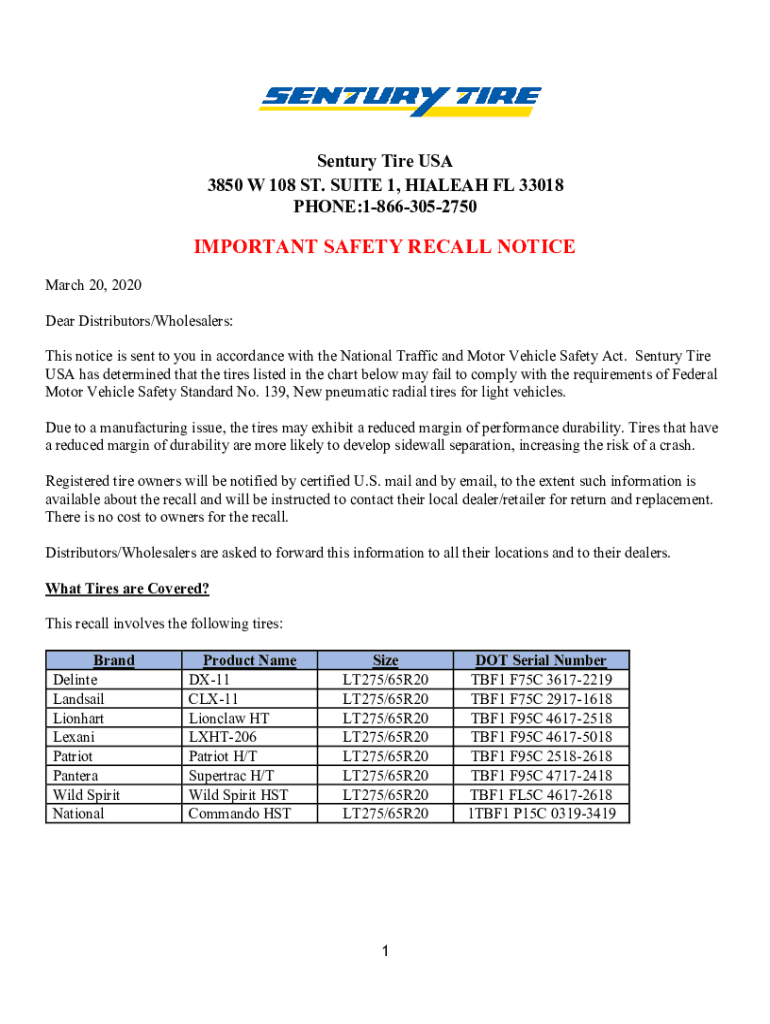 Fillable Online IMPORTANT SAFETY RECALL NOTICE - static.nhtsa.gov Fax ...