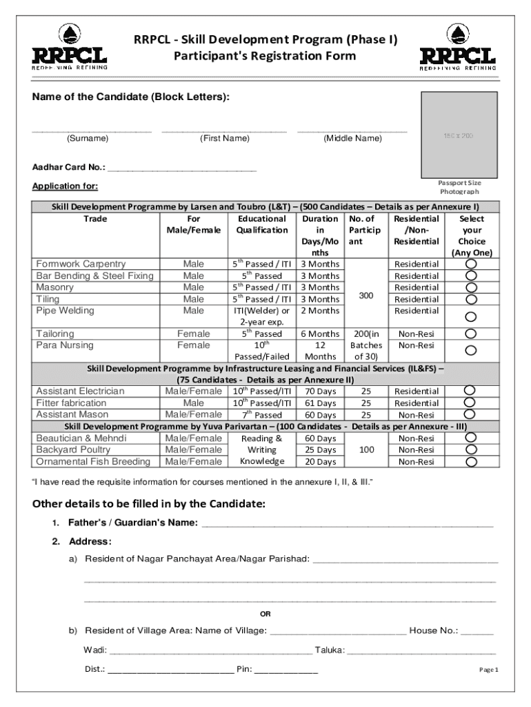 Fillable Online RRPCL - Skill Development Program (Phase I) Participant ...