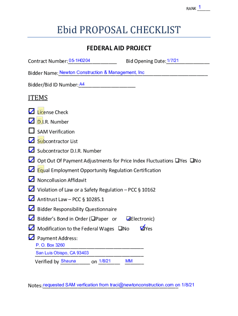 Fillable Online Ebid PROPOSAL CHECKLIST Fax Email Print - pdfFiller