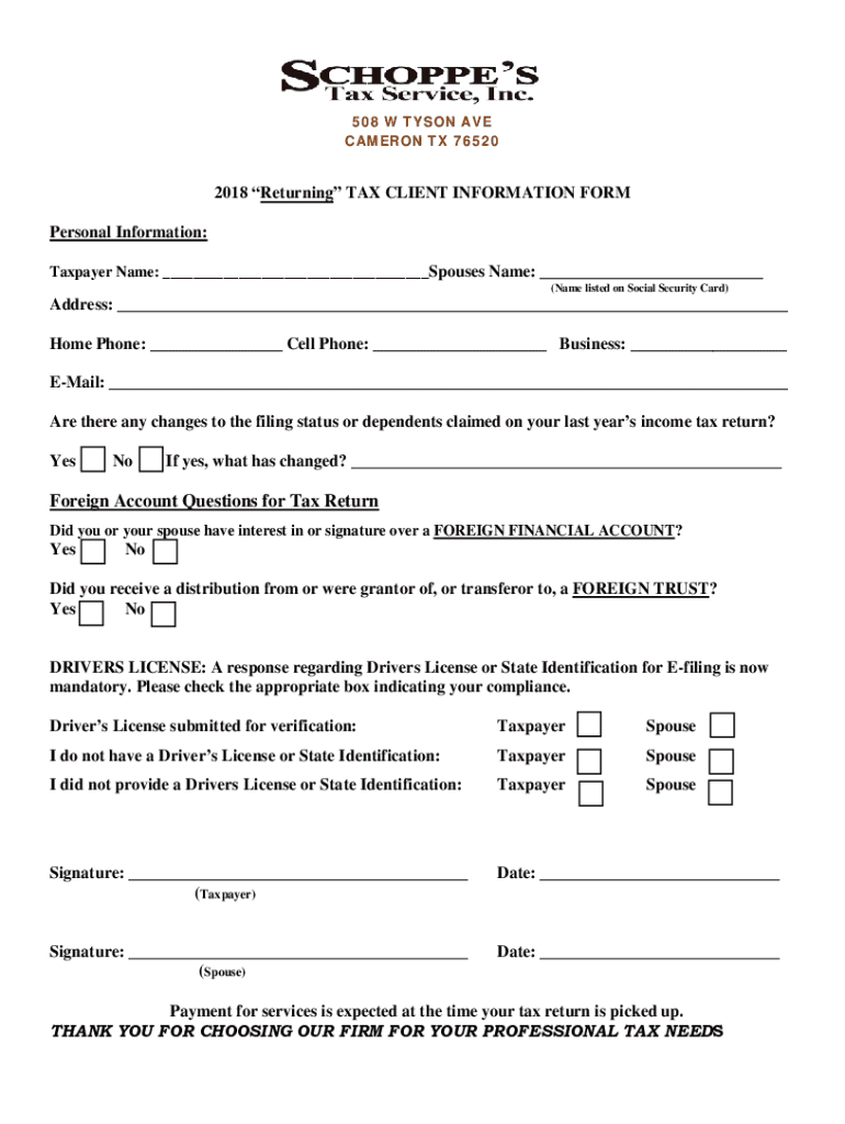 Fillable Online 2018 Returning TAX CLIENT INFORMATION FORM Fax Email ...
