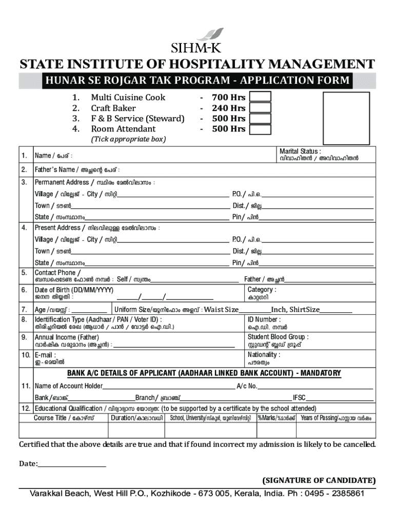 Fillable Online APPLICATION FORM FOR HUNAR SE ROZGAR SCHEME ... Fax ...
