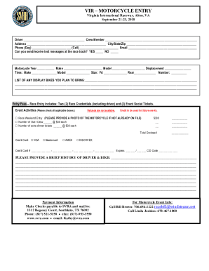 Fillable Online 2018 VIR Motorcycle Entry Form Fax Email Print - pdfFiller