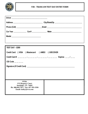 Fillable Online VIR TEST DAY ENTRY FORM Fax Email Print - pdfFiller