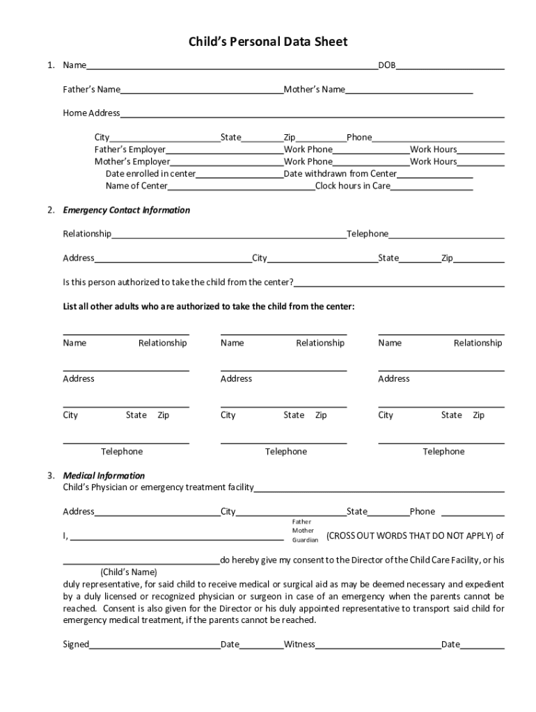 Fillable Online 1) CHILD'S PERSONAL DATA SHEET - afterschoolprog.com ...