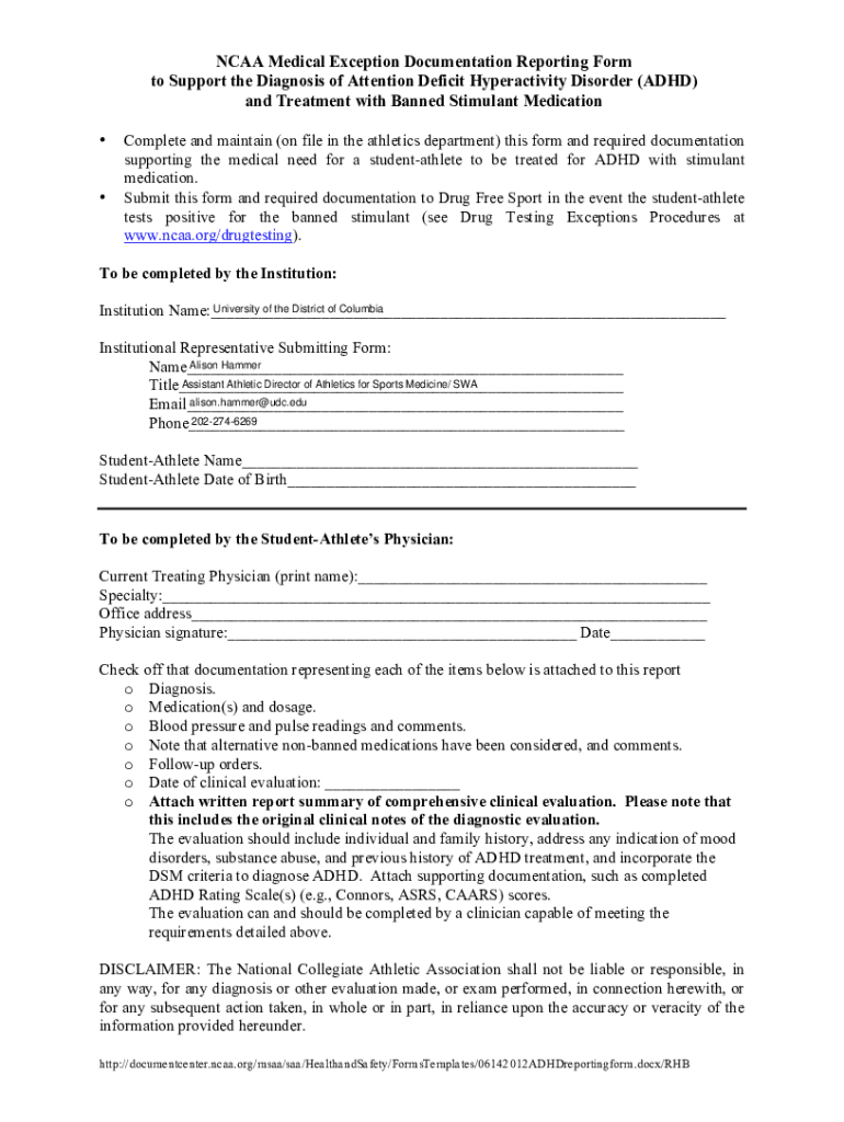 Fillable Online NCAA Medical Exception Documentation Reporting Form to ...