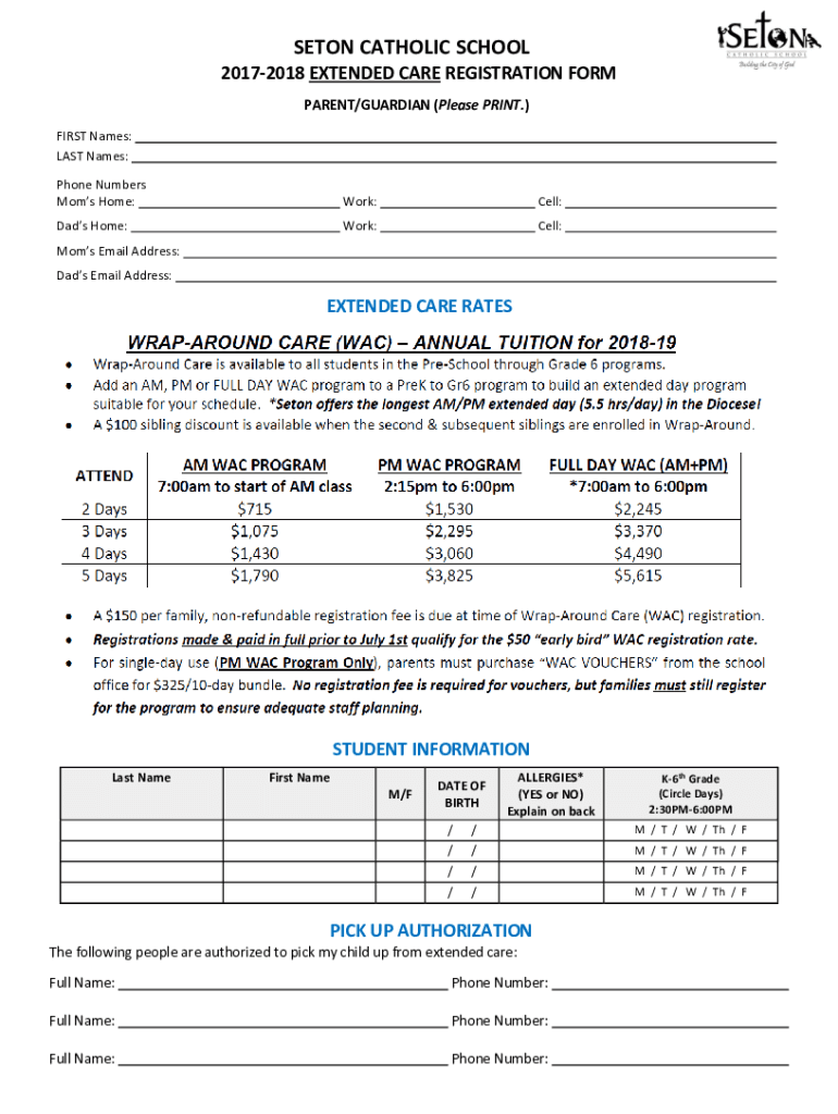 Fillable Online 2017-2018 EXTENDED CARE REGISTRATION FORM Fax Email ...