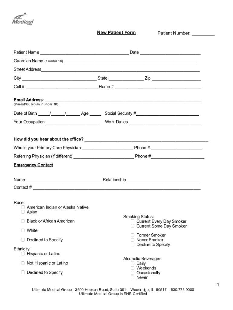 Fillable Online Patient Number: New Patient Form - Ultimate ChiroCare ...