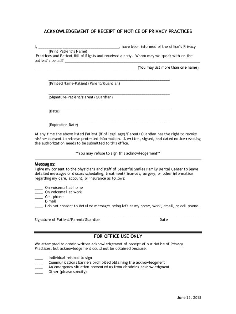 Fillable Online ACKNOWLEDGMENT OF RECEIPT OF NOTICE OF PRIVACY PRACTICE ...