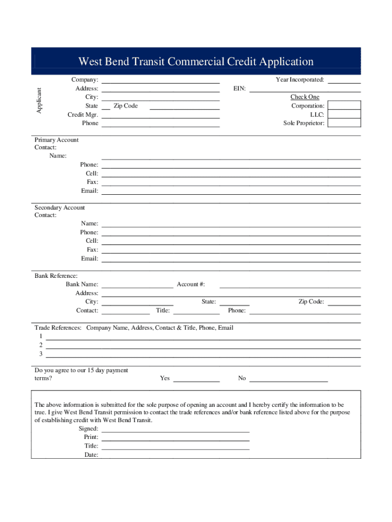 Fillable Online West Bend Transit Commercial Credit Application Fax ...