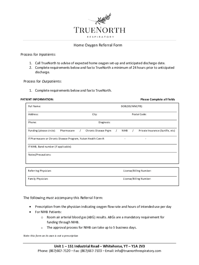 Fillable Online Home Oxygen Referral Form - TrueNorth Respiratory Fax ...