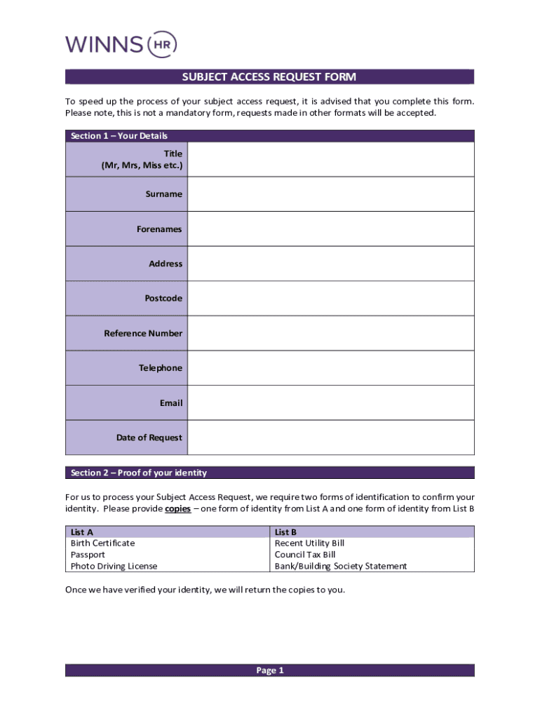 Fillable Online SUBJECT ACCESS REQUEST FORM - Winn Solicitors Fax Email Print - pdfFiller