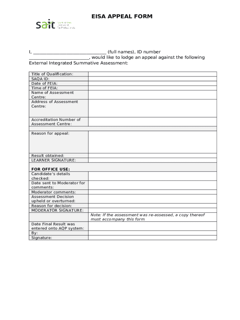 I, (full names), ID number , would like to lodge an appeal against the following External ...