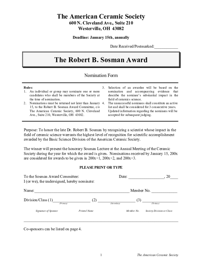 Fillable Online The Robert B. Sosman Award - American Ceramic Society ...