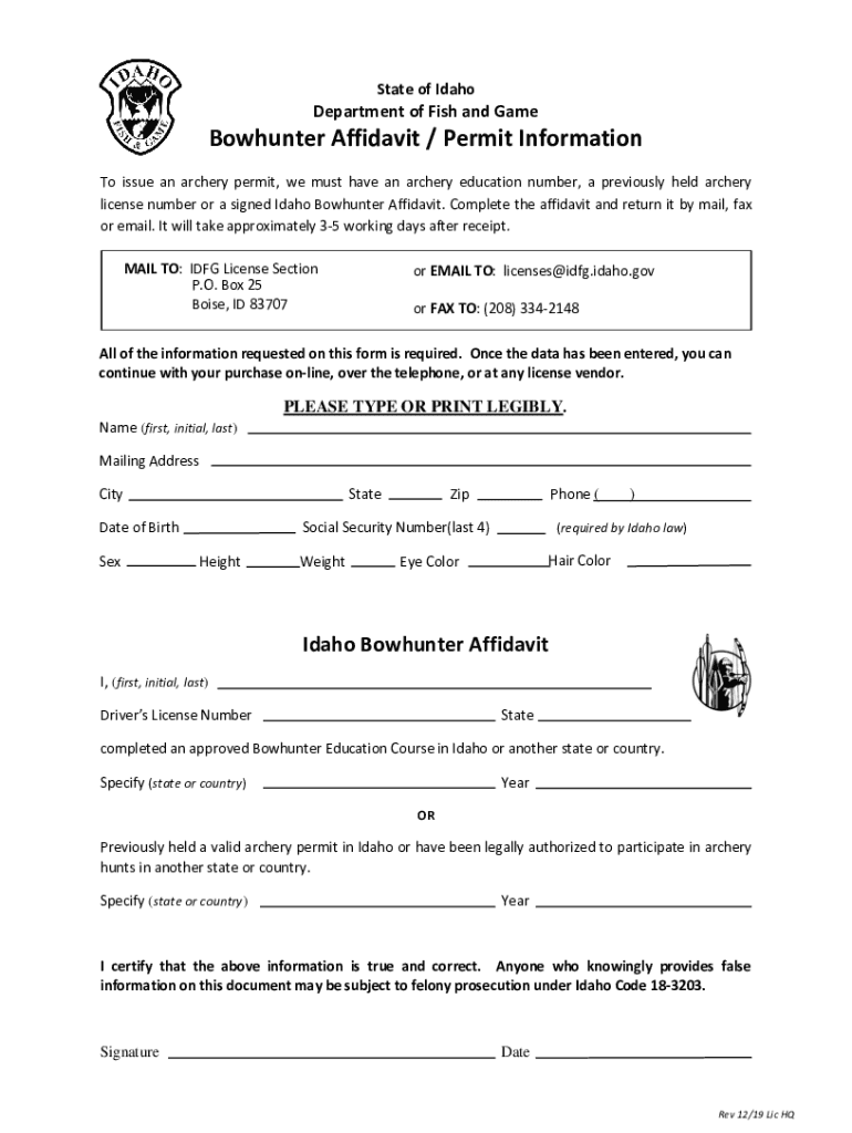 Fillable Online idfg idaho ID Bowhunter Affidavit/Permit Information ...