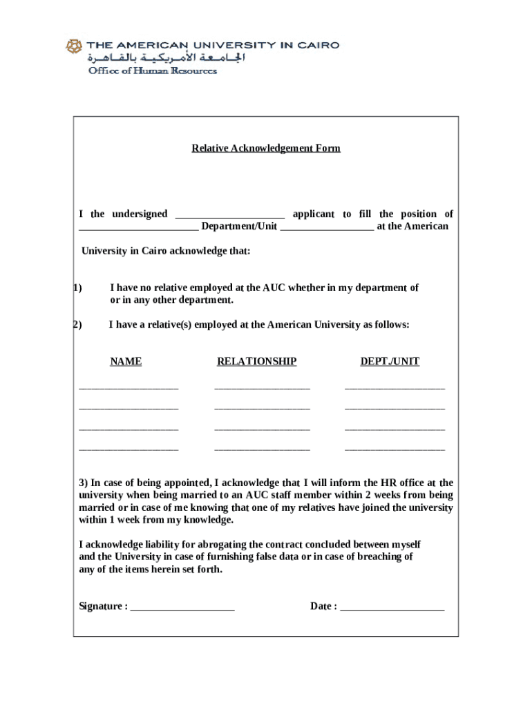 Relative Acknowledgement - documents aucegypt Doc Template | pdfFiller