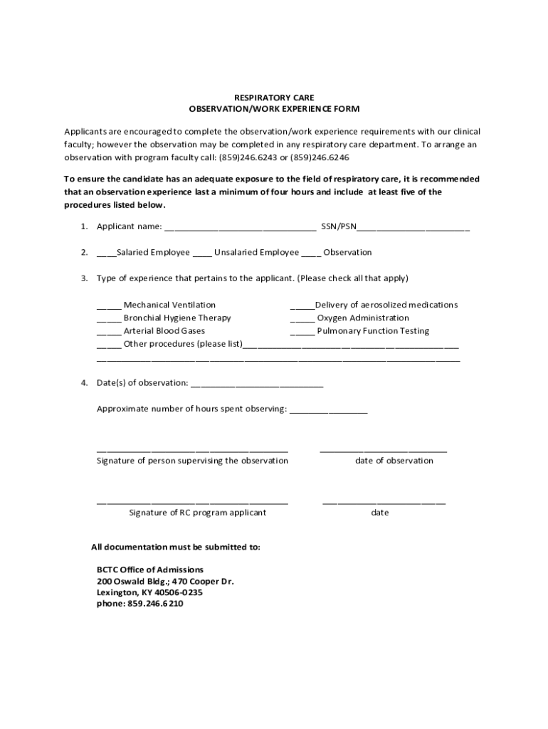 Fillable Online Professional Observation Verification Form Shadowing ...